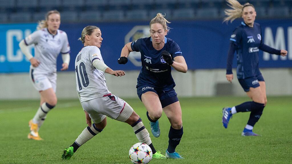 FCL-Spielerin Rahel Sager (rechts) dribbelt die Baslerin Vanesa Hoti aus.
