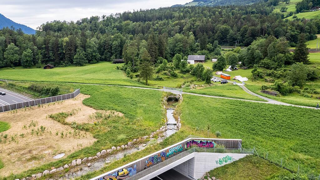 Die Wildtierbrücke in der Röten mit dem Gnipenbach und im Hintergrund ...